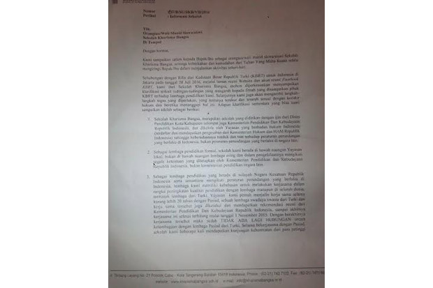 Tepis Tudingan Erdogan, Sekolah Kharisma Keluarkan Edaran ke Orangtua Siswa